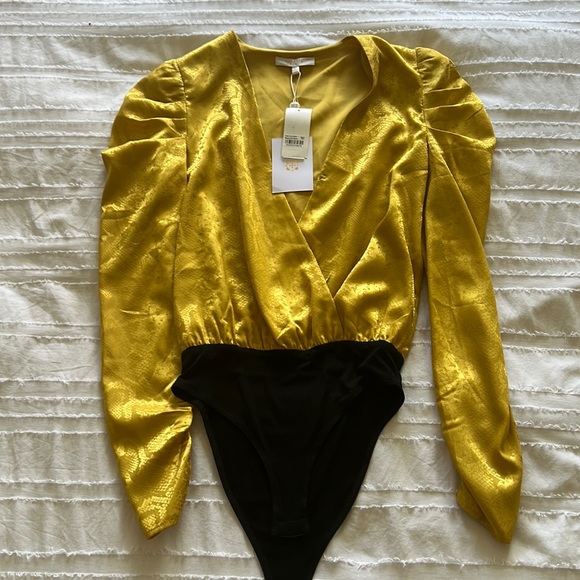 Wayf | Tops | Gold Yellow Long Sleeve Bodysuit With Shoulder Padding ...